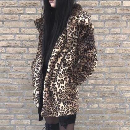 Leopard Fur Coat Long Sleeve Double Pocket Long Coat Female Flagship ...