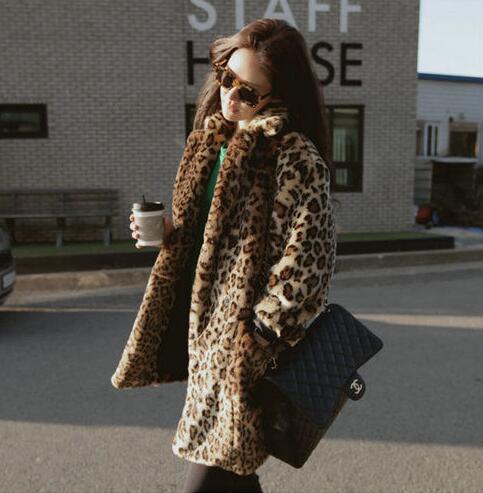 Leopard Fur Coat Long Sleeve Double Pocket Long Coat Female Flagship ...