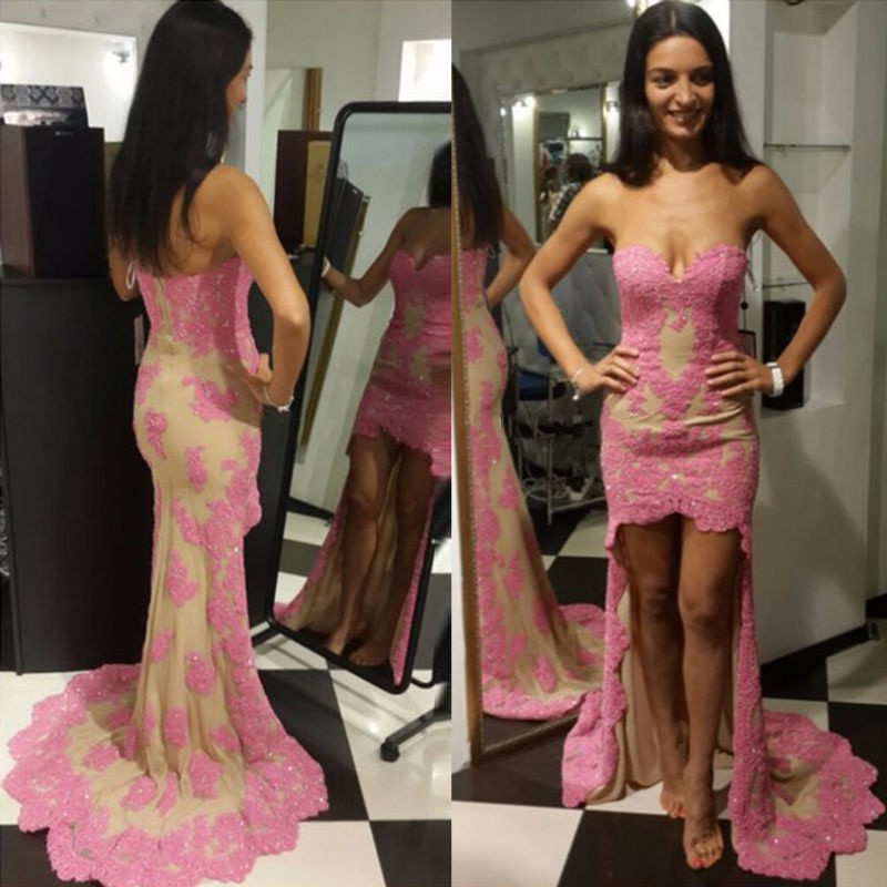 Sweetheart High Front Low Back Sheath Prom Dresses Sexy Pink Lace Women ...